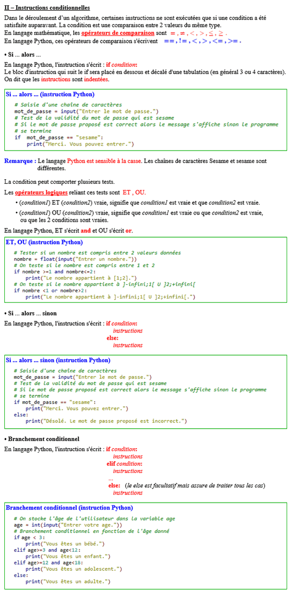 Cours maths terminale - Instructions conditionnelles : if, elif, else