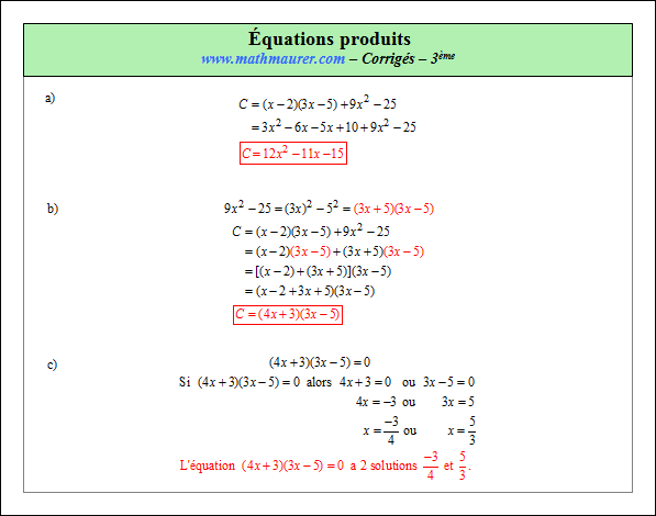Exercices corrigés sur les équations produits en troisième