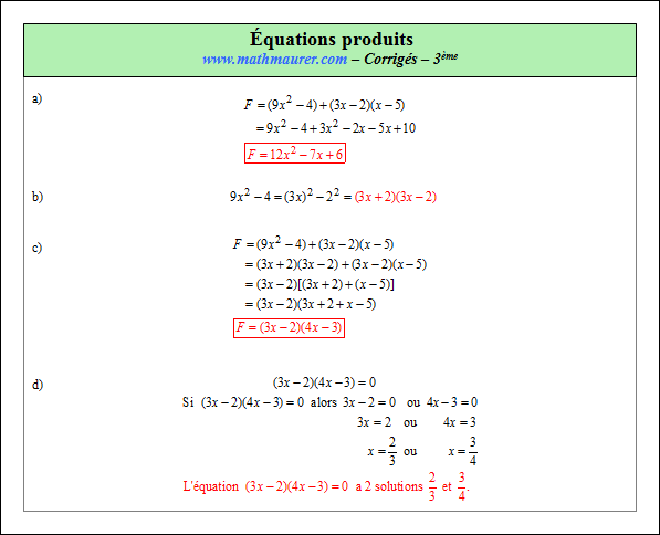 Exercices corrigés sur les équations produits en troisième