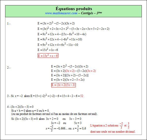 Exercices corrigés sur les équations produits en troisième