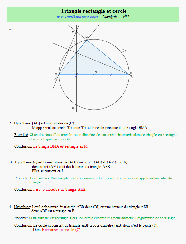 Exercices corrigés sur le triangle rectangle et le cercle en quatrième
